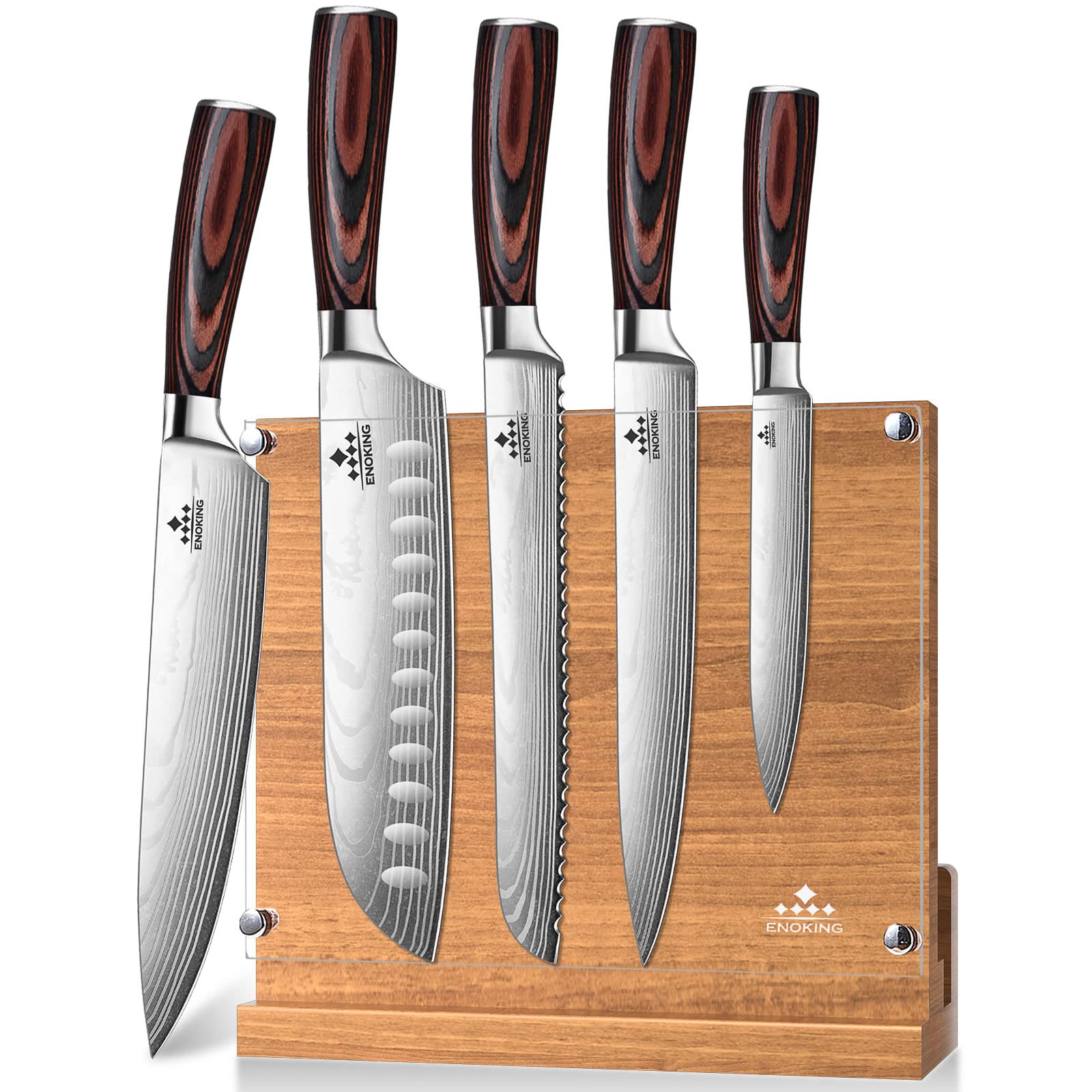 ENOKING 6-Piece Knife Sets with Acacia Wood Knife Holder Double-Sided Magnetic, Kitchen Knives German High Carbon Stainless Steel Cutlery Set, Chef Knife, Bread Knife, Santoku Knife