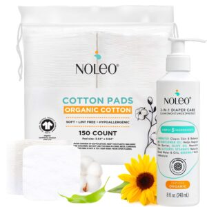 noleo organic cotton pads with 3-in-1 diaper care - 150ct large & pressed cotton squares 3.54x3.54in pads - 8oz all in one baby cleanser, baby lotion & diaper rash cream