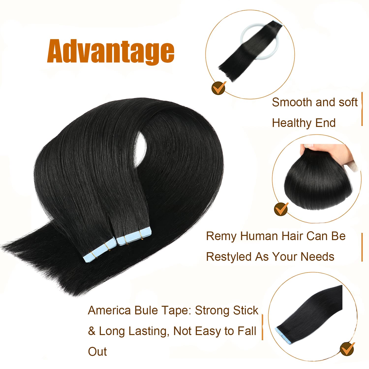 Anihiho Tape in Hair Extensions Human Straight Hair Extensions Tape in Real Human Hair for Women (16inch 50g, Jet Black)