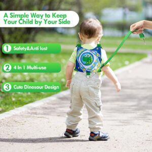 4 in 1 Toddler Harness Leash for Walking+Baby Anti Lost Wrist Link, Cute Dinosaur Child Safety Harness, Walking Wristband Assistant Strap Belt for Toddlers, Babies & Kids (Green)