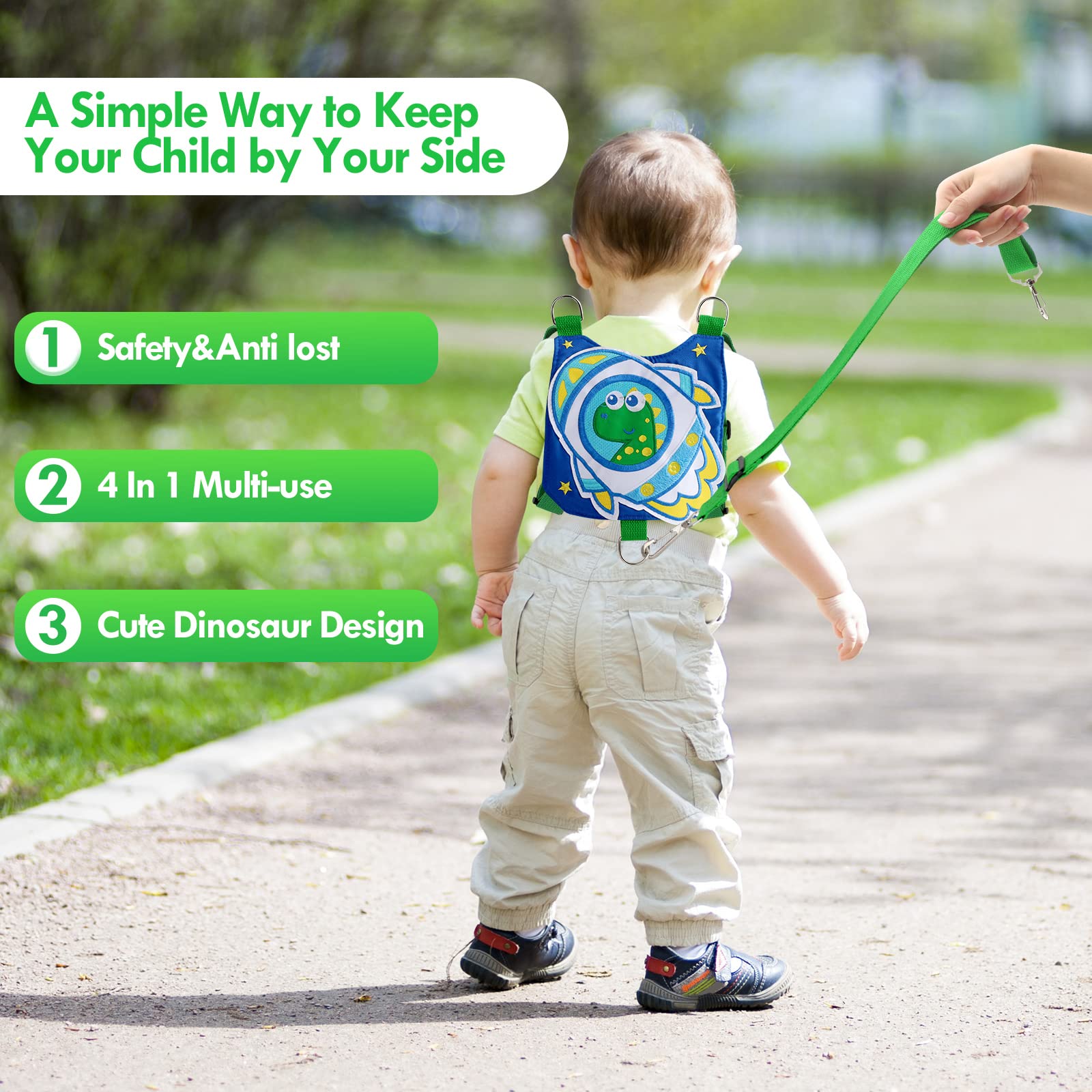 4 in 1 Toddler Harness Leash for Walking+Baby Anti Lost Wrist Link, Cute Dinosaur Child Safety Harness, Walking Wristband Assistant Strap Belt for Toddlers, Babies & Kids (Green)