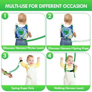 4 in 1 Toddler Harness Leash for Walking+Baby Anti Lost Wrist Link, Cute Dinosaur Child Safety Harness, Walking Wristband Assistant Strap Belt for Toddlers, Babies & Kids (Green)