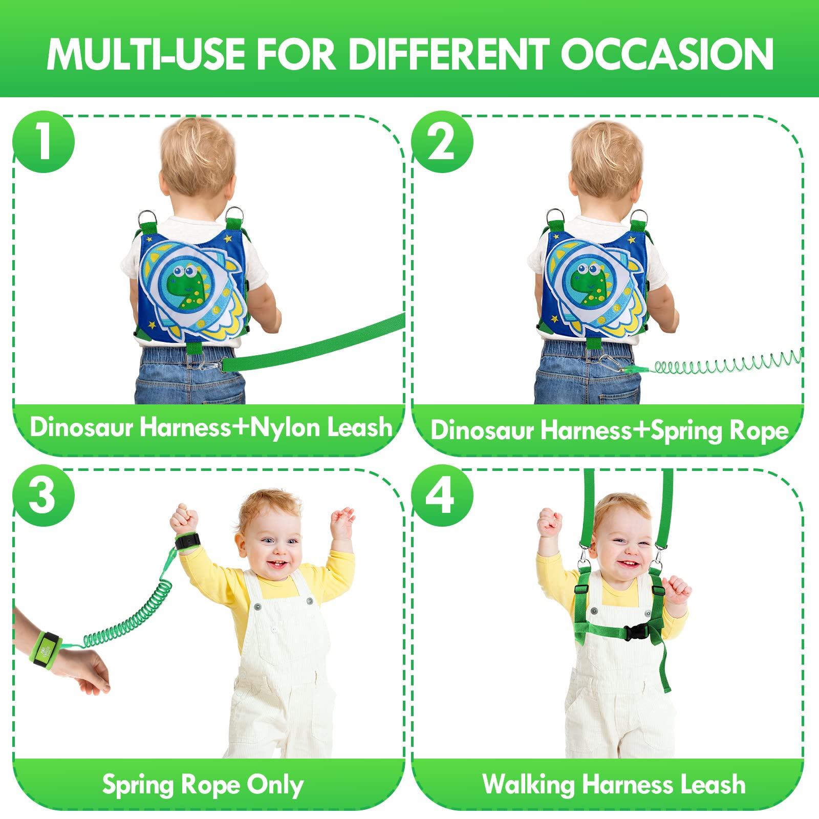 4 in 1 Toddler Harness Leash for Walking+Baby Anti Lost Wrist Link, Cute Dinosaur Child Safety Harness, Walking Wristband Assistant Strap Belt for Toddlers, Babies & Kids (Green)