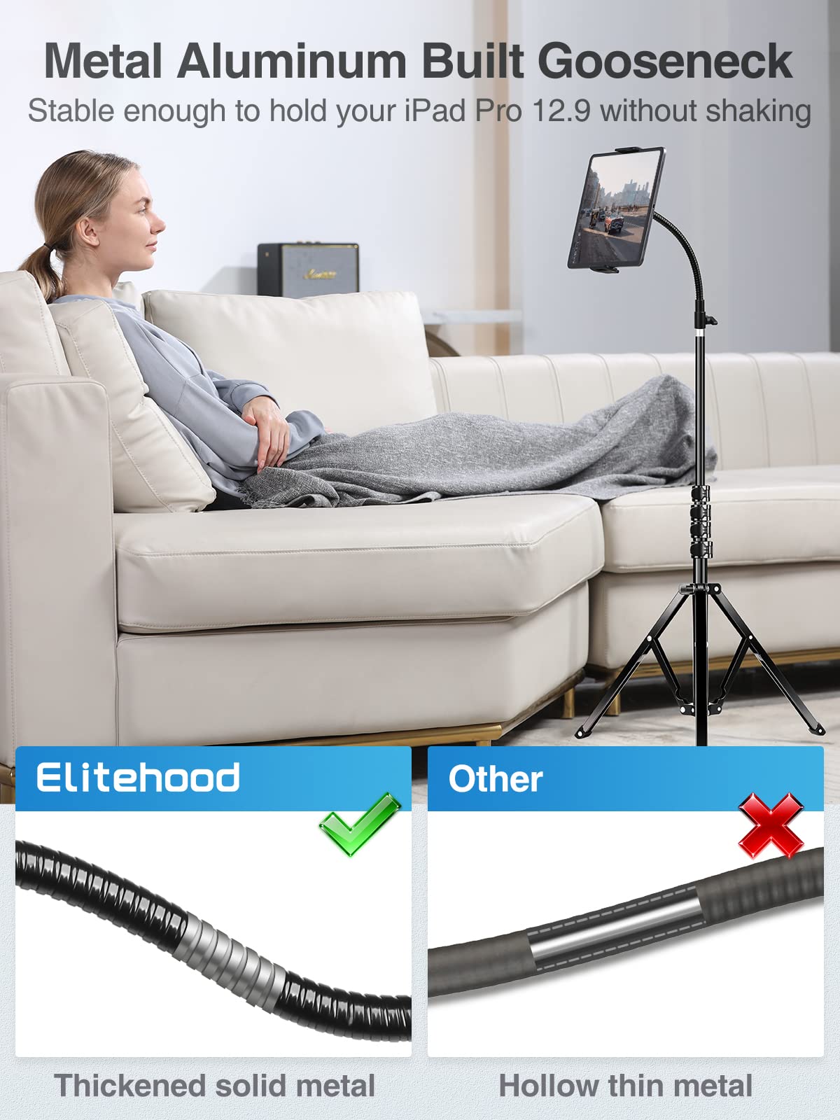 elitehood Tablet Floor Tripod Stand, Stronger Gooseneck iPad Tripod Stand, 72" Adjustable iPad Stand Holder for Stream/Watching, for iPad Pro 12.9, Mini, Air, iPhone and 4.7-13" Tablet and Cellphone