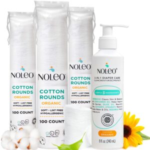 noleo 3in1 diaper care with organic cotton rounds - 300ct lint free small cotton rounds - 8oz all-in-one baby cleanser, lotion & diaper rash cream