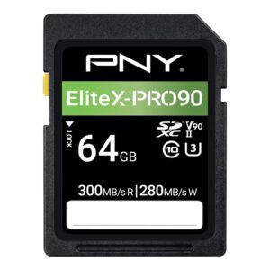 pny 64gb elitex-pro90 uhs-ii sdxc memory card – r300mb/s w280mb/s, u3, v90, 8k uhd, full hd, uhs-ii for professional photographers & content creators, dslr, mirrorless cameras, advanced video cameras