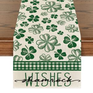 artoid mode green shamrock wishes st. patrick's day table runner, seasonal spring holiday kitchen dining table decoration for home party decor 13 x 72 inch