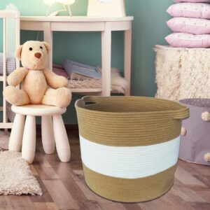 QDSTCKJ Extra Large Blanket Basket Living Room, Brown-white Laundry Basket,16”x 20.3”,Large Cotton Rope Basket for Storage