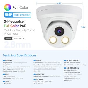 5MP Full Color PoE IP Camera, 2.8mm Lens 118° Wide Angle, F1.0 Aperture, 98.4ft Full Color Night Vision, Human/Vehicle Detection, Built-in Mic, Metal Housing, IP67 Weatherproof, Works with HKV