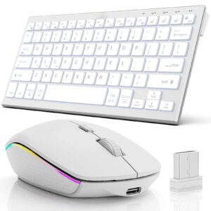 fenisio wireless keyboard mouse, ultra slim bluetooth 2.4g slient wireless keyboard and mouse combo with backlit, multi-device usb rechargeable keyboard mouse for laptop pc windows desk (silver white)