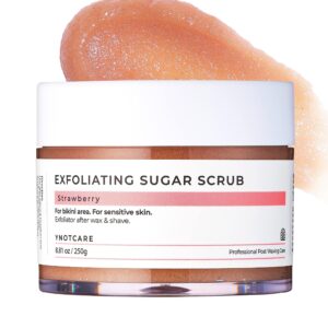 ynotcare exfoliating sugar scrub-for bikini intimate area, sensitive skin, prevent ingrown hair and razor bumps after brazilian wax and bikini shave, strawberry/8.81oz