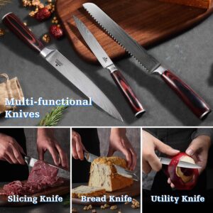 ENOKING 6-Piece Knife Sets with Acacia Wood Knife Holder Double-Sided Magnetic, Kitchen Knives German High Carbon Stainless Steel Cutlery Set, Chef Knife, Bread Knife, Santoku Knife