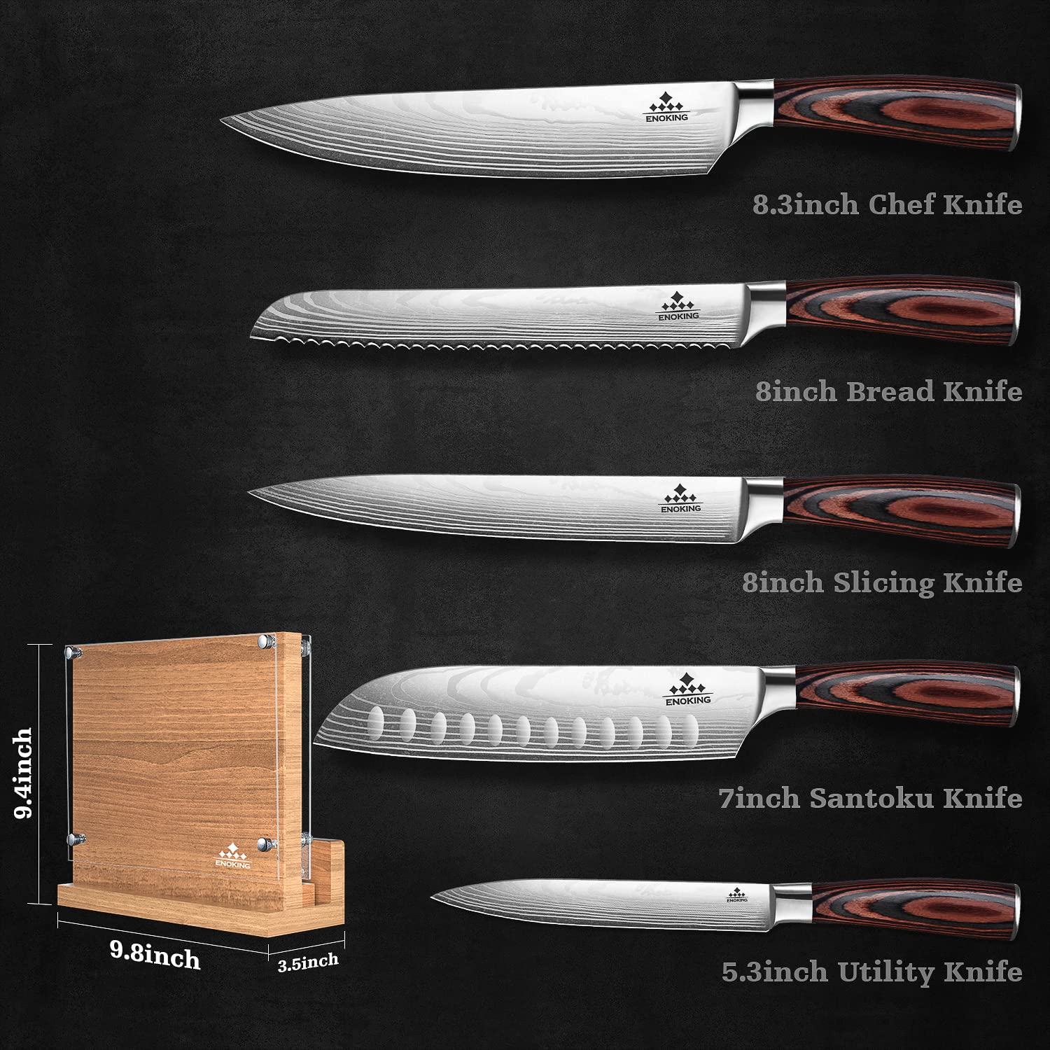 ENOKING 6-Piece Knife Sets with Acacia Wood Knife Holder Double-Sided Magnetic, Kitchen Knives German High Carbon Stainless Steel Cutlery Set, Chef Knife, Bread Knife, Santoku Knife