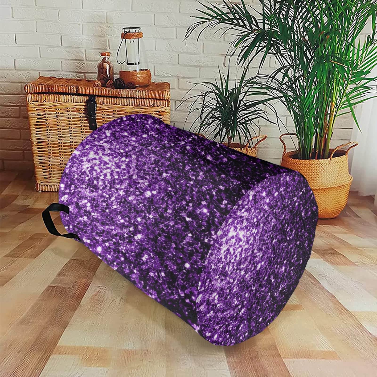 Storage Basket,Beautiful Dark Purple Glitter Sparkles,Collapsible Large Laundry Hamper with Handles for Home Office 17.32"X13.58"