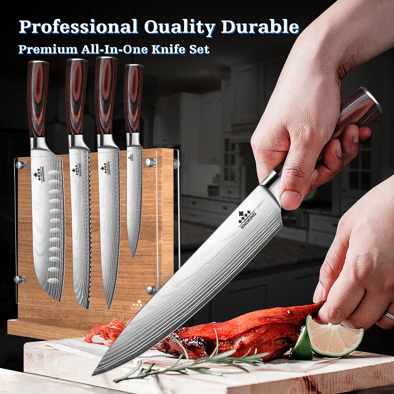 ENOKING 6-Piece Knife Sets with Acacia Wood Knife Holder Double-Sided Magnetic, Kitchen Knives German High Carbon Stainless Steel Cutlery Set, Chef Knife, Bread Knife, Santoku Knife