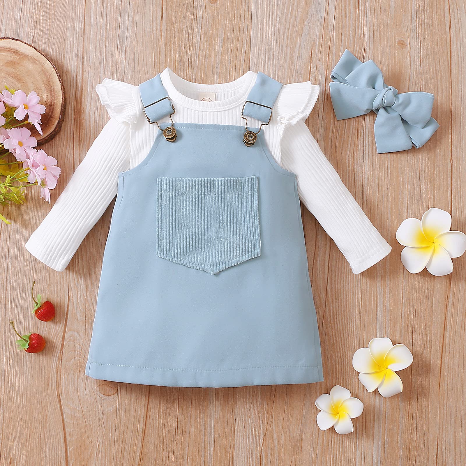 MIEKISA Baby Girl Long Sleeve Romper Suspender Skirts Set Hair Band Free (Blue, 9-12M) Set17# Set17#