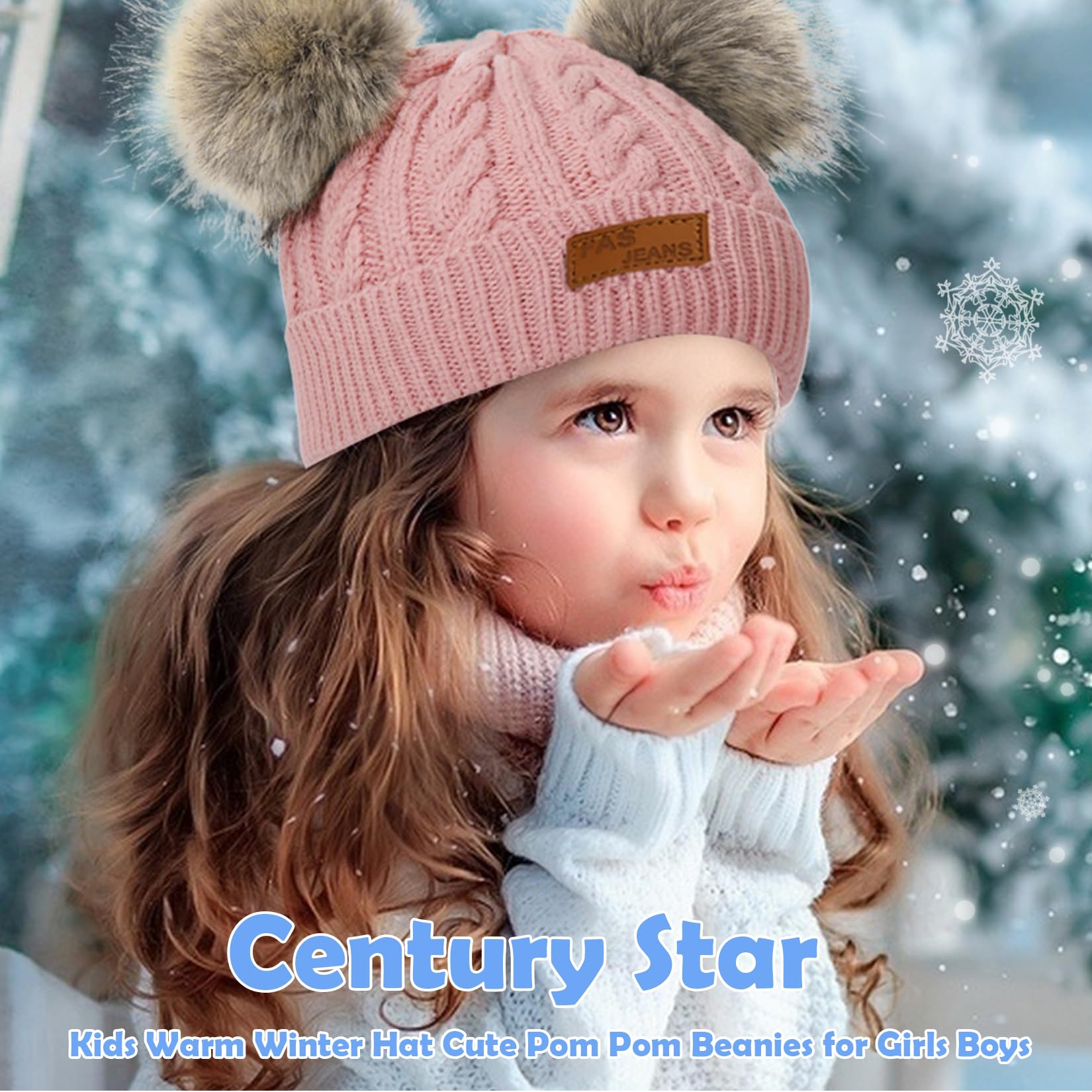 Century Star Baby Hat Winter Baby Girls Hats Knit Warm Hat for Baby Boys Infant Toddler Beanie Z Pom Pom Khaki & Black & Deep Pink