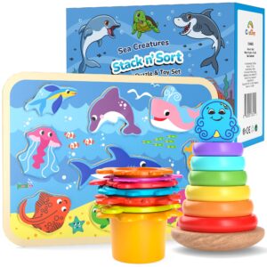 cooltoys stack n’ sort toddler and baby learning toys set - 3 fine motor skills educational toys for toddlers, wooden stacking rings, stacking & nesting cups, wooden baby puzzle, ocean theme