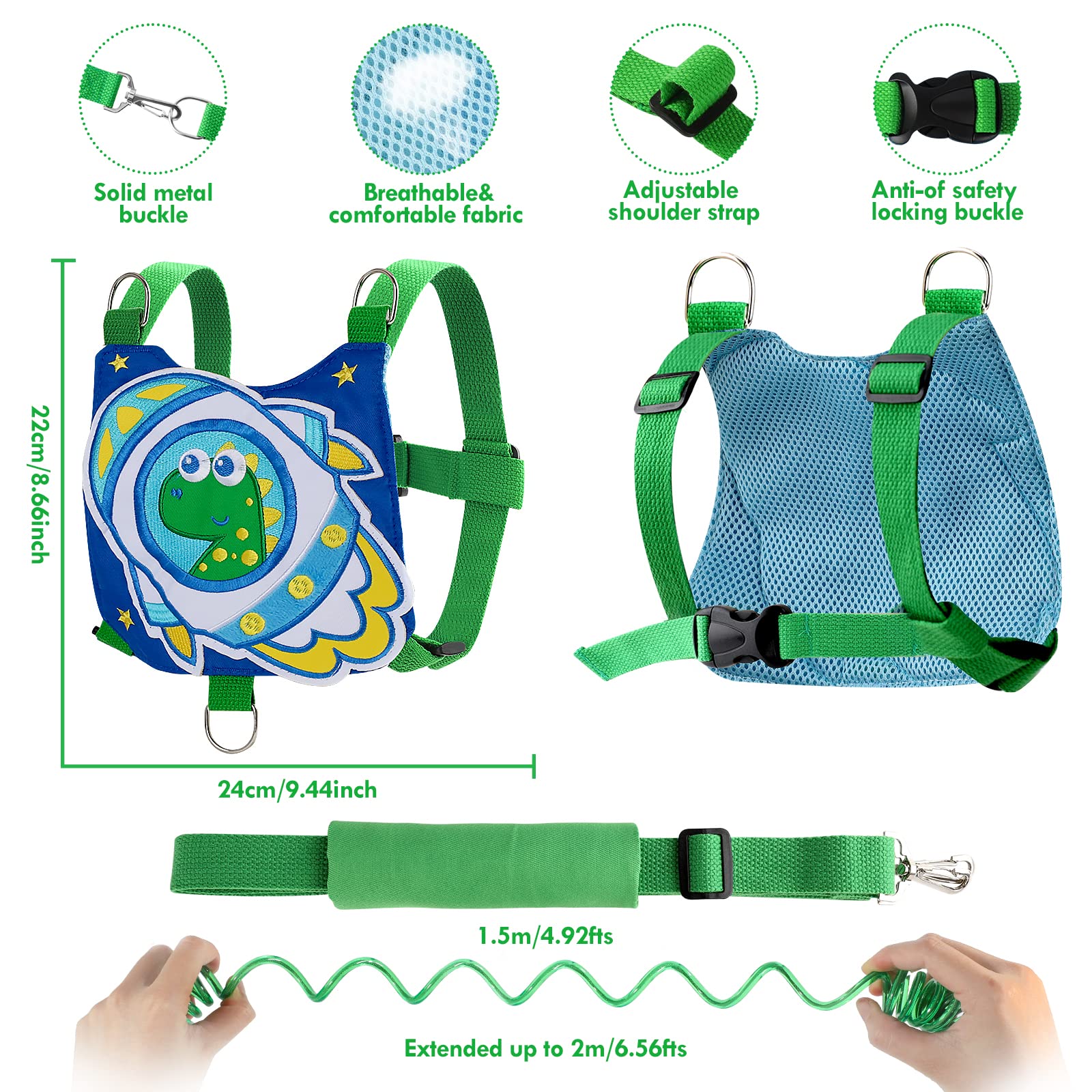 4 in 1 Toddler Harness Leash for Walking+Baby Anti Lost Wrist Link, Cute Dinosaur Child Safety Harness, Walking Wristband Assistant Strap Belt for Toddlers, Babies & Kids (Green)