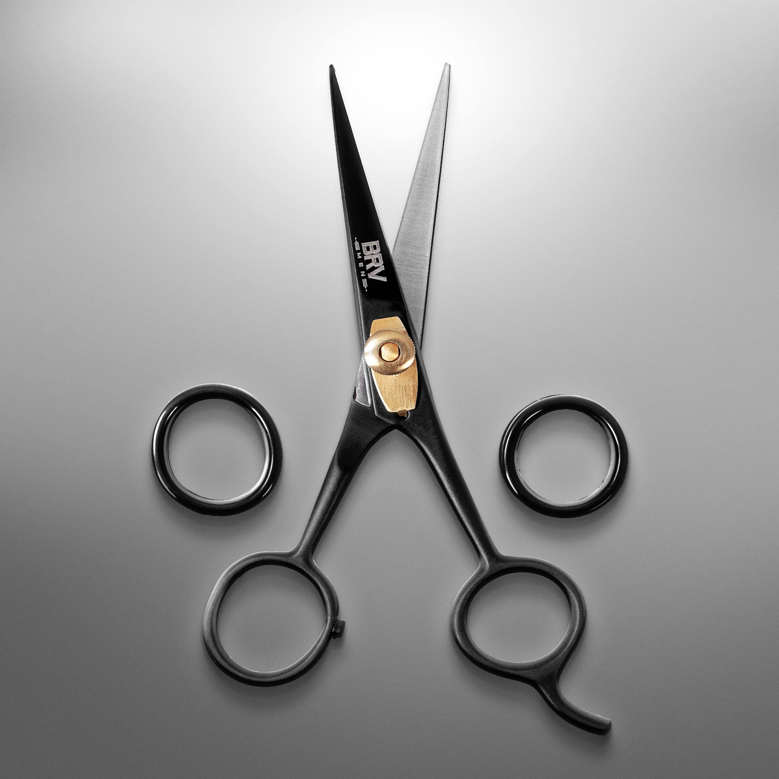 BRV MEN Razor Sharp Beard & Mustache Scissors - 5" - High Carbon Stainless Steel - Facial Hair Trimming Shears - RIGHT HANDED, Black