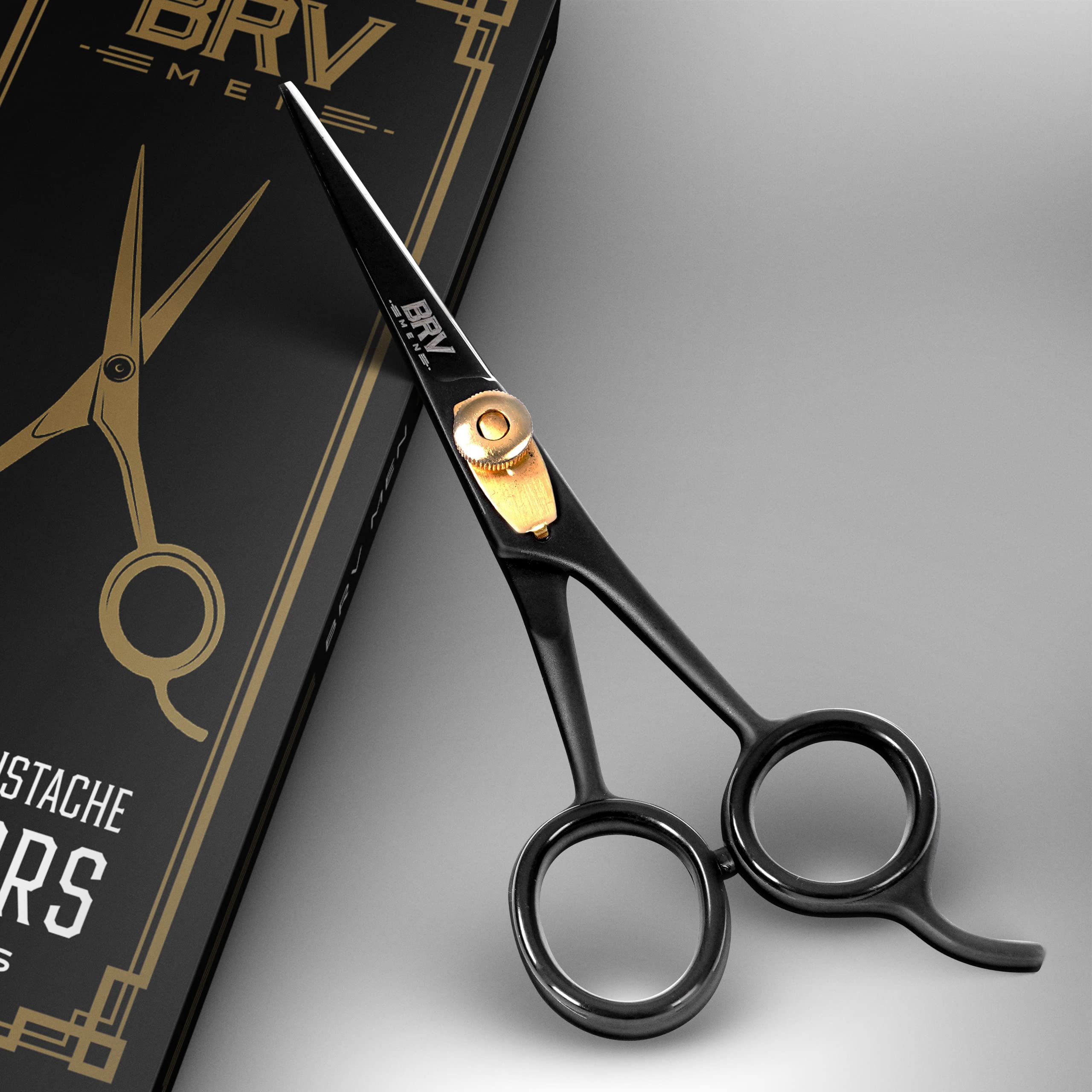 BRV MEN Razor Sharp Beard & Mustache Scissors - 5" - High Carbon Stainless Steel - Facial Hair Trimming Shears - RIGHT HANDED, Black