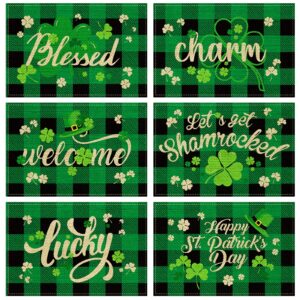 tatuo 6 pcs st. patrick's day placemats buffalo plaid placemats lucky clover shamrock blessed table mats non slip heat resistant washable place mats for kitchen dining, 12 x 18 inch (stylish style)