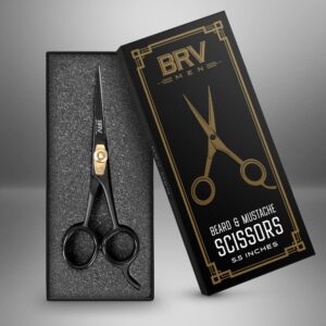 BRV MEN Razor Sharp Beard & Mustache Scissors - 5" - High Carbon Stainless Steel - Facial Hair Trimming Shears - RIGHT HANDED, Black