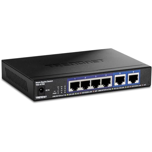 TRENDnet 6-Port 10G Switch, 4 x 2.5G RJ-45 BASE-T Ports, 2 x 10G RJ-45 Ports, 60Gbps Switching Capacity, Wall Mountable, 10 Gigabit Network Connections, Lifetime Protection, Black, TEG-S762