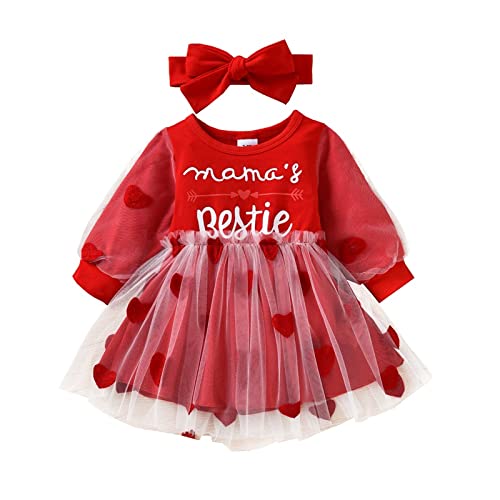 Infant Toddler Baby Girls Valentine's Day Outfit Long Sleeve Heart Lace Tulle Tutu Dress Princess Festival 2ps(Red, 9-12 Months)