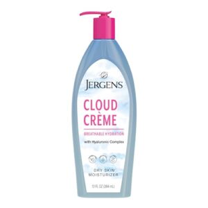 jergens cloud creme breathable body lotion, fast-absorbing hydrating moisturizer, paraben-free, with hyaluronic complex, non-greasy application, 13 oz,white