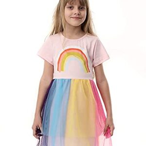 Toddler Girl Dress Short Sleeve Summer Rainbow Clothes Cotton Casual Playwear Tunic Outfit Dresses(1035-4T)