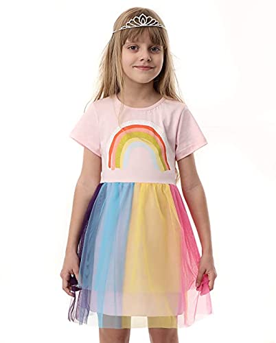 Toddler Girl Dress Short Sleeve Summer Rainbow Clothes Cotton Casual Playwear Tunic Outfit Dresses(1035-4T)