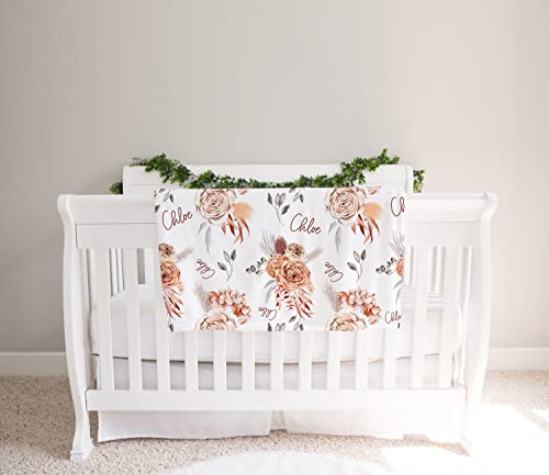 Stork Wares Boho Caramel Floral Personalized Baby Girl Swaddle Blanket, White, 30x40', (BB335)