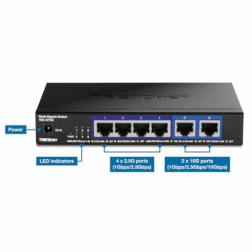 TRENDnet 6-Port 10G Switch, 4 x 2.5G RJ-45 BASE-T Ports, 2 x 10G RJ-45 Ports, 60Gbps Switching Capacity, Wall Mountable, 10 Gigabit Network Connections, Lifetime Protection, Black, TEG-S762