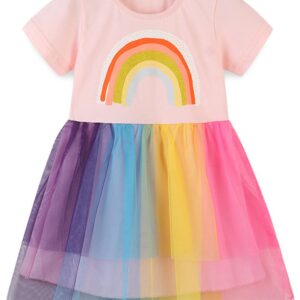 Toddler Girl Dress Short Sleeve Summer Rainbow Clothes Cotton Casual Playwear Tunic Outfit Dresses(1035-4T)