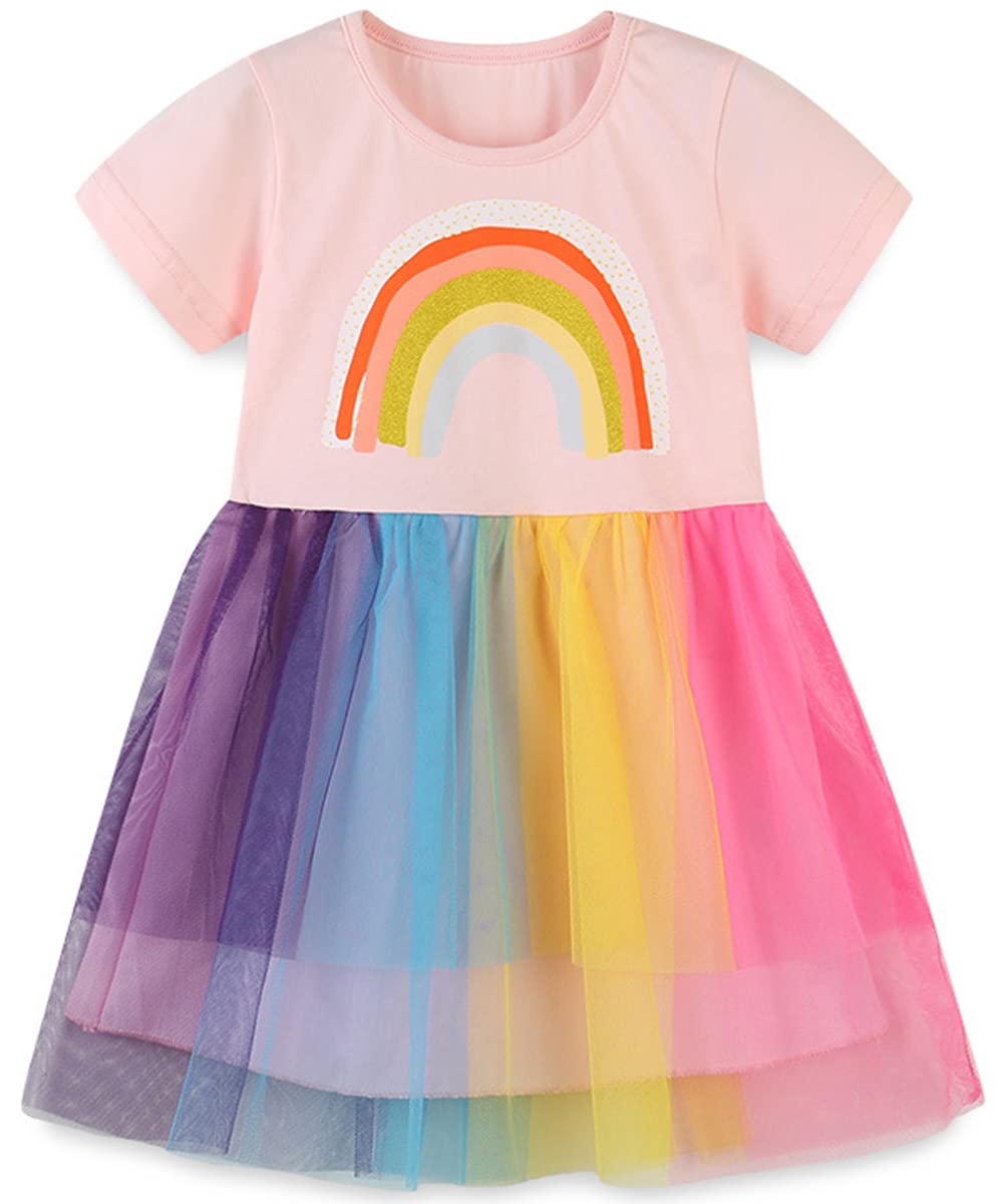 Toddler Girl Dress Short Sleeve Summer Rainbow Clothes Cotton Casual Playwear Tunic Outfit Dresses(1035-4T)