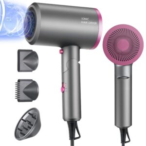 hair dryer, foldable ionic hair blow dryer 1800w fast drying professional negative hairdryer blowdryer 3 heat/ 2 speed/ cold settings with 2 nozzles & 1 diffuser for home & travel hair styling