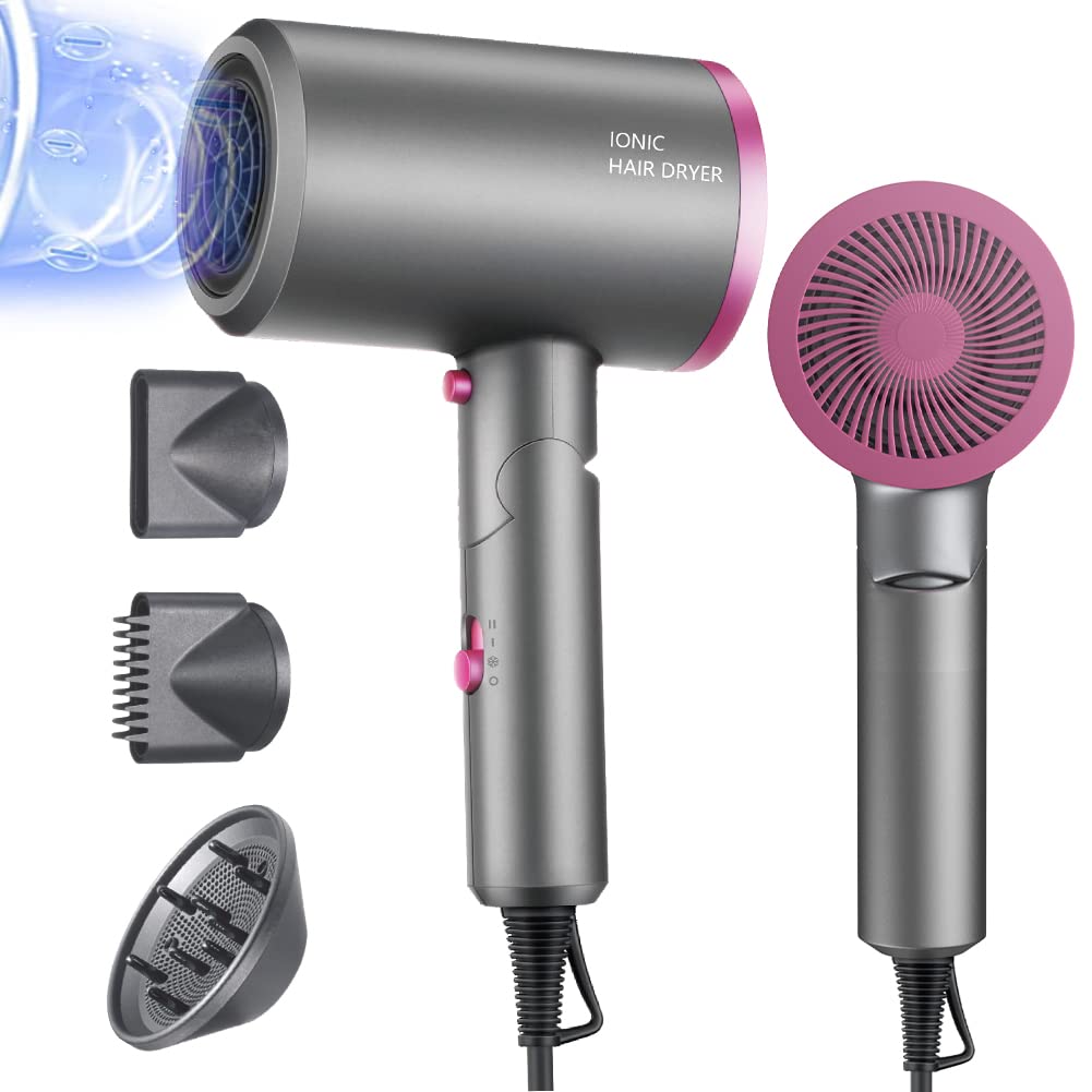 Hair Dryer, Foldable Ionic Hair Blow Dryer 1800W Fast Drying Professional Negative Hairdryer Blowdryer 3 Heat/ 2 Speed/ Cold Settings with 2 Nozzles & 1 Diffuser for Home & Travel Hair Styling