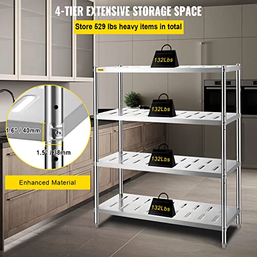 VEVOR Storage Shelf, 4-Tier Storage Shelving Unit, Stainless Steel Garage Shelf, 47.2 x 17.7 x 61 inch Heavy Duty Storage Shelving, 529 Lbs Total Capacity with Adjustable Height and Vent Holes