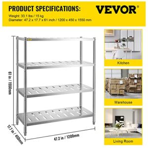 VEVOR Storage Shelf, 4-Tier Storage Shelving Unit, Stainless Steel Garage Shelf, 47.2 x 17.7 x 61 inch Heavy Duty Storage Shelving, 529 Lbs Total Capacity with Adjustable Height and Vent Holes