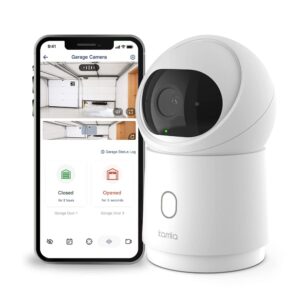 kamia garage camera, 2k indoor camera, 2 doors open/close/overtime alert, ask alexa about your garage door, night vision, wifi 2-way audio, no subscription & sensor needed, 360° smart security camera