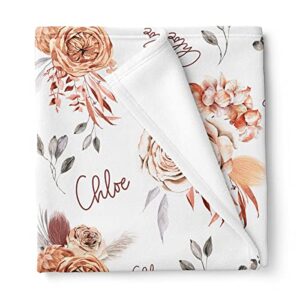 stork wares boho caramel floral personalized baby girl swaddle blanket, white, 30x40', (bb335)