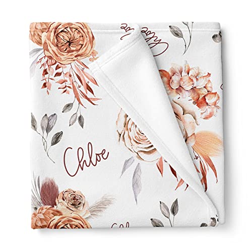 Stork Wares Boho Caramel Floral Personalized Baby Girl Swaddle Blanket, White, 30x40', (BB335)