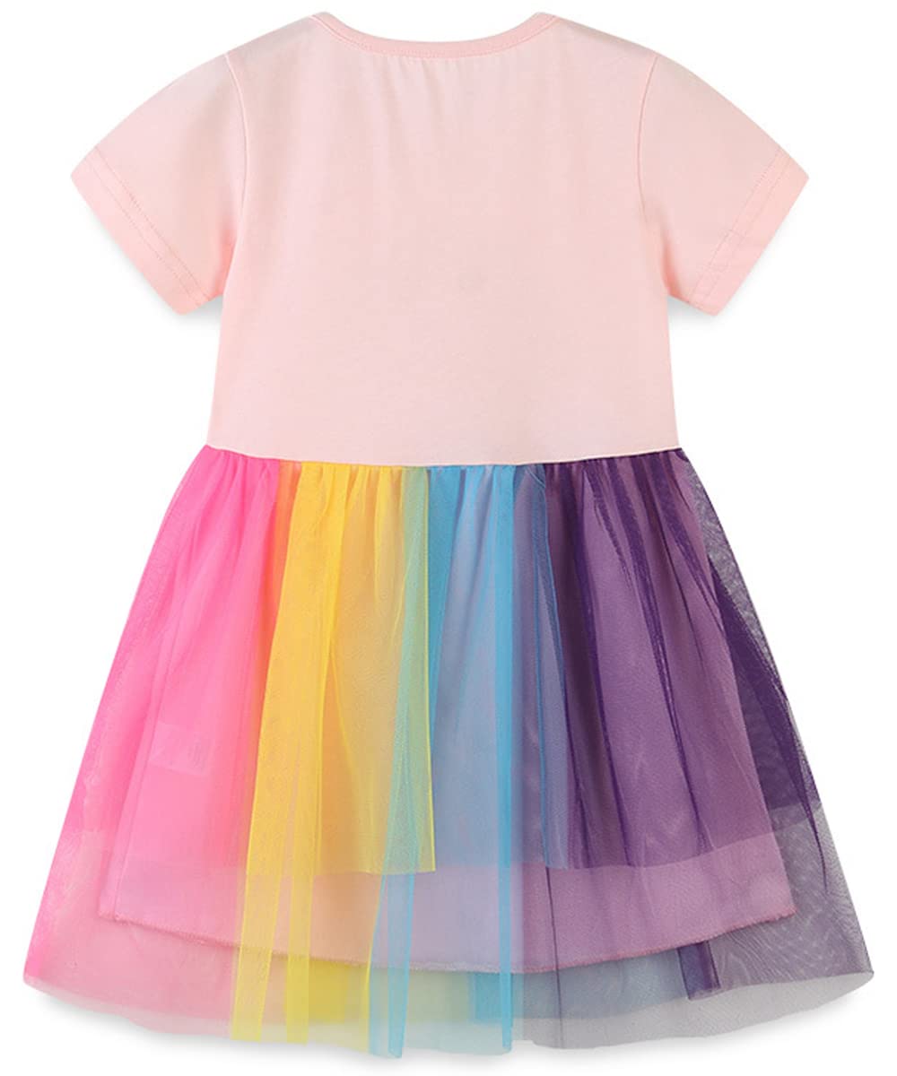 Toddler Girl Dress Short Sleeve Summer Rainbow Clothes Cotton Casual Playwear Tunic Outfit Dresses(1035-4T)