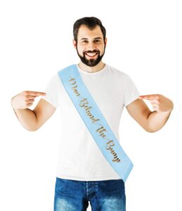 man behind the bump sash for baby shower- blue w/gold lettering baby gender reveal ideas boy ideas dad diaper party favor new daddy to be gift prince decorations dadchelor baby gifts little man