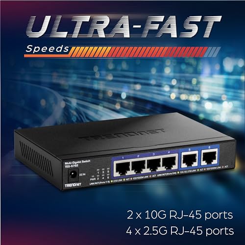 TRENDnet 6-Port 10G Switch, 4 x 2.5G RJ-45 BASE-T Ports, 2 x 10G RJ-45 Ports, 60Gbps Switching Capacity, Wall Mountable, 10 Gigabit Network Connections, Lifetime Protection, Black, TEG-S762