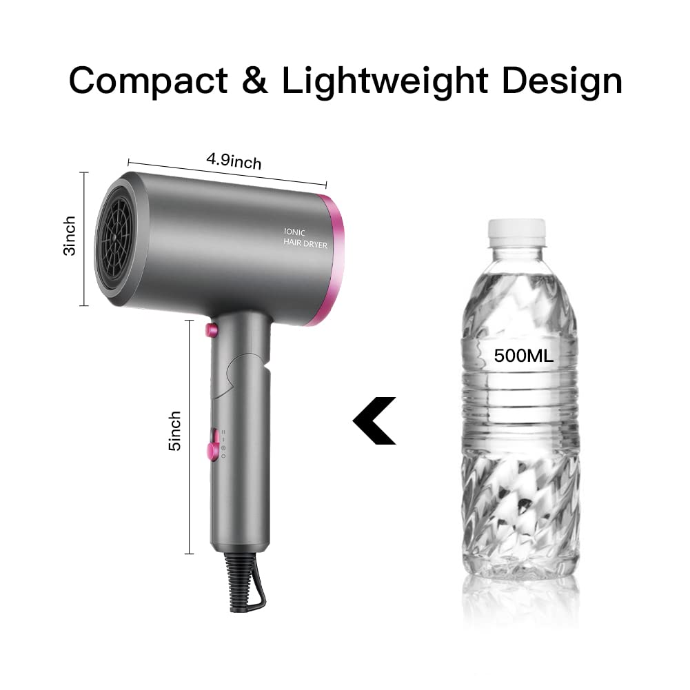 Hair Dryer, Foldable Ionic Hair Blow Dryer 1800W Fast Drying Professional Negative Hairdryer Blowdryer 3 Heat/ 2 Speed/ Cold Settings with 2 Nozzles & 1 Diffuser for Home & Travel Hair Styling