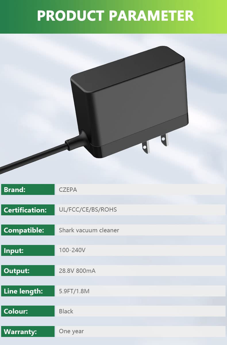 Czepa AC Power Cord Compatible with Cordless Shark Vacuum Charger IR101 ION F80 X40 IR100 IR200 IR141 XBAT200, Replacement Part Namber YLS0243A-T288080 28.8V Vacmop Adapter Charger