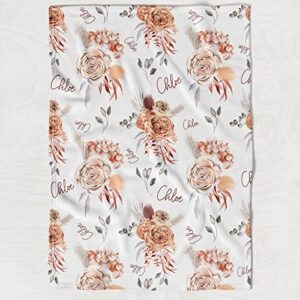 Stork Wares Boho Caramel Floral Personalized Baby Girl Swaddle Blanket, White, 30x40', (BB335)