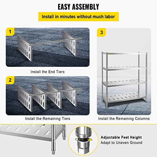 VEVOR Storage Shelf, 4-Tier Storage Shelving Unit, Stainless Steel Garage Shelf, 47.2 x 17.7 x 61 inch Heavy Duty Storage Shelving, 529 Lbs Total Capacity with Adjustable Height and Vent Holes